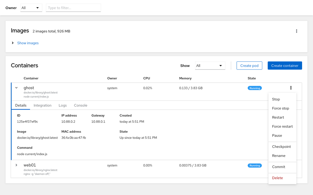 Podman - Web UI (via Cockpit)
